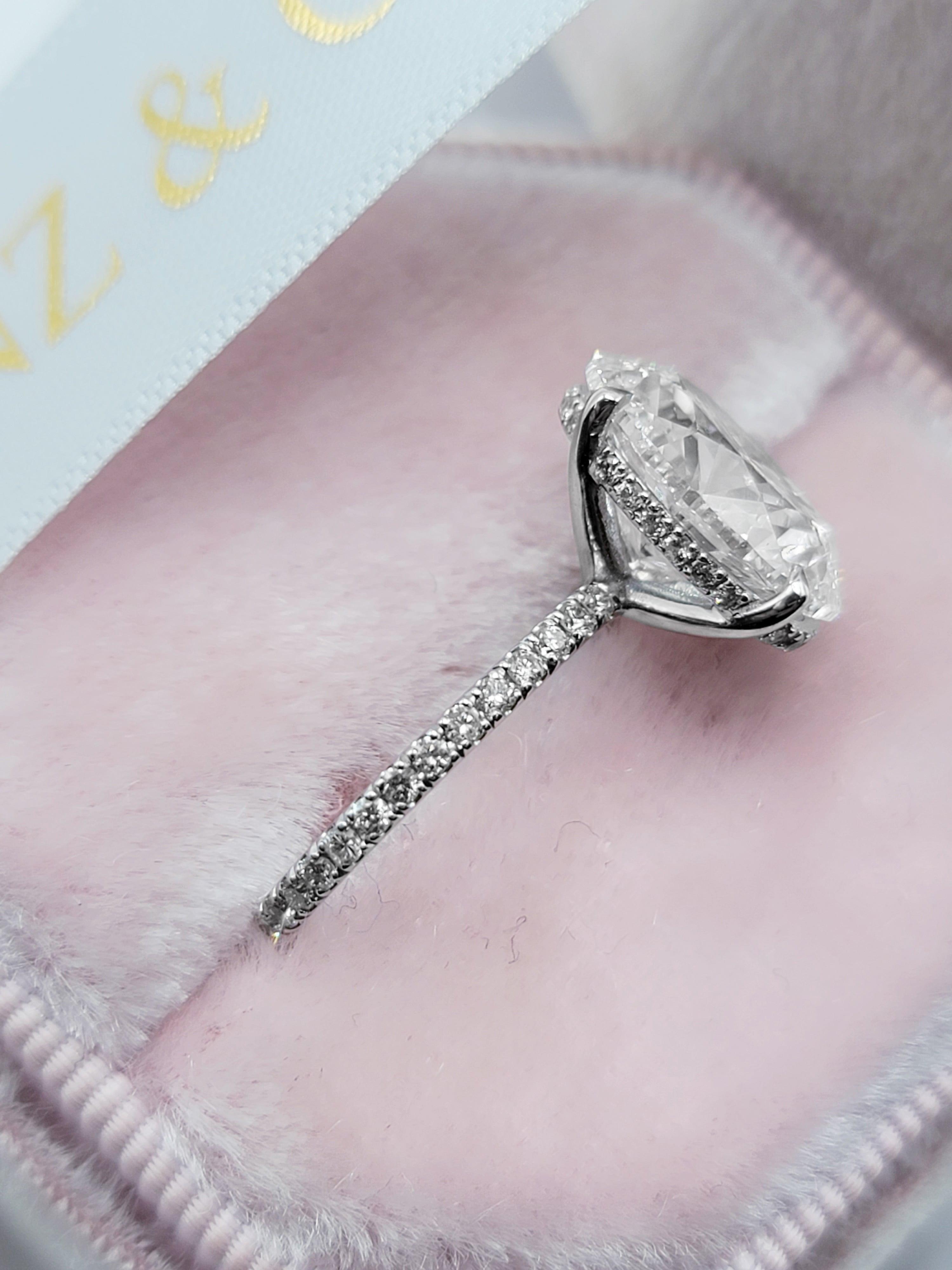 5.48 Carats Lab Grown Oval Cut Micropaved Side Stones Hidden Halo Diam