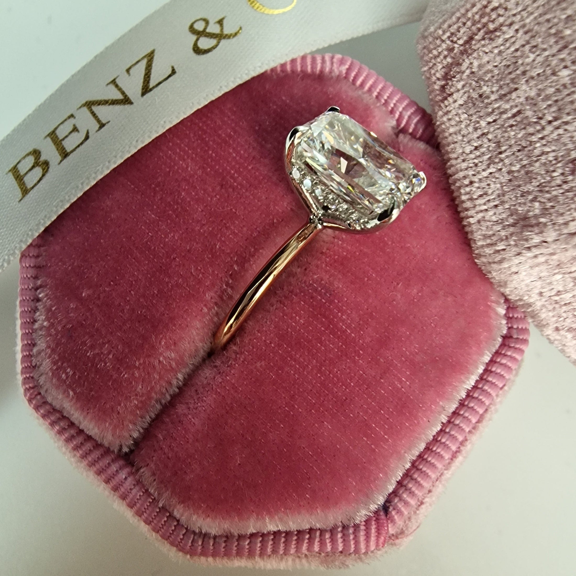 Two Tone Solitaire Elongated Cushion Cut Engagement Ring